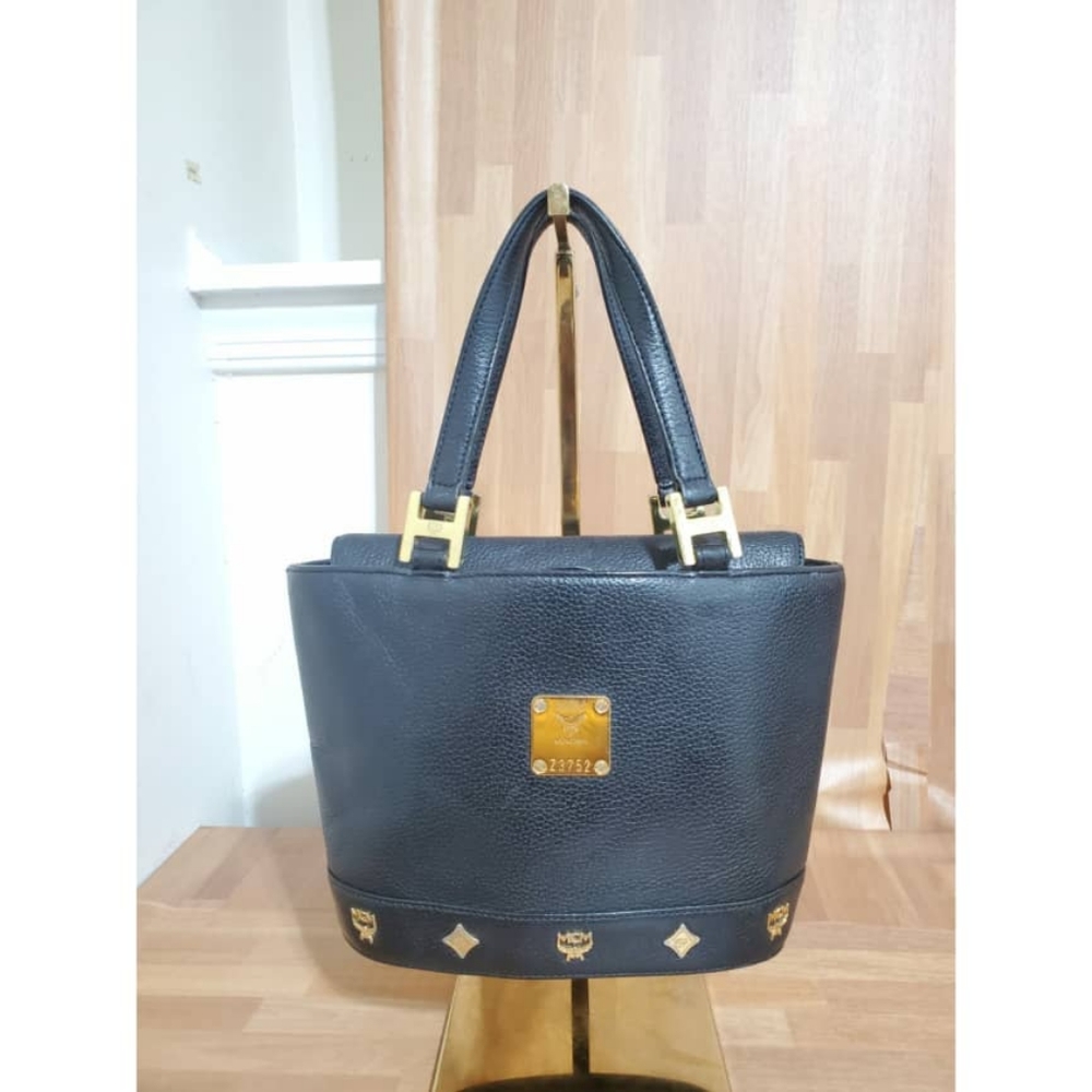 Authentic Mcm Black Leather Vintage Logo Embellished … - Gem
